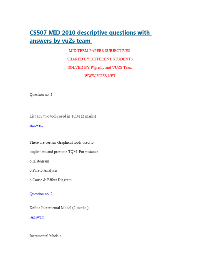 CS507 MID 2010 Descriptive Questions With Answers by VuZs Team | PDF | Decision Support System ...