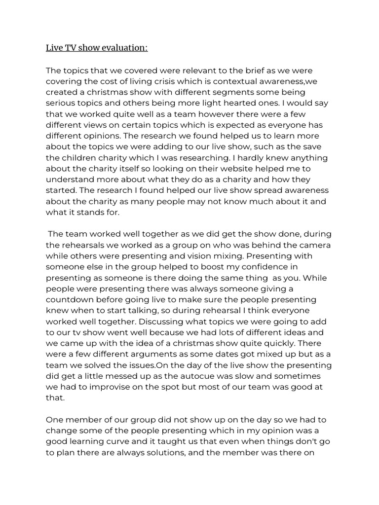 live tv show evaluation | PDF | Cost Of Living