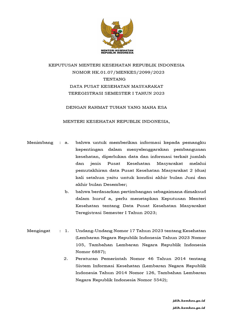 KMK No. HK.01.07-MENKES-2099-2023 TTG Data Puskesmas Teregistrasi Semester I TH 2023-Signed | PDF