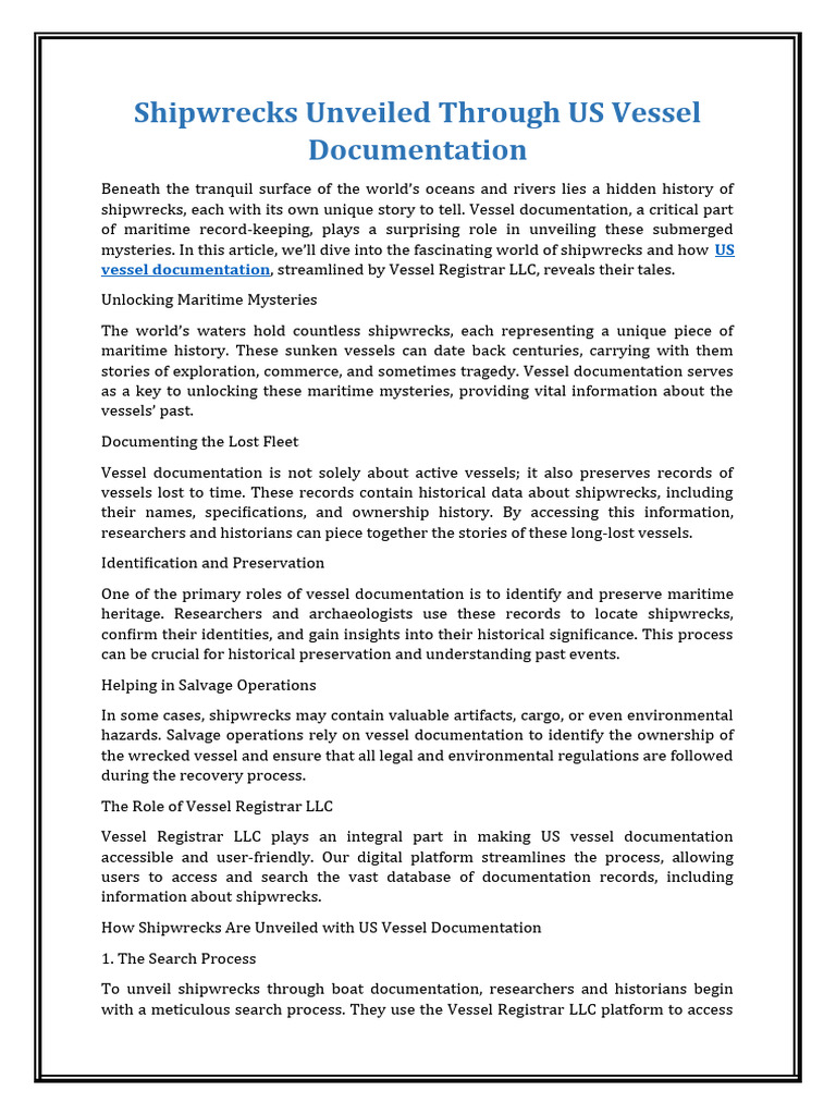 Shipwrecks Unveiled Through US Vessel Documentation | PDF | Shipwrecks | Marine Salvage