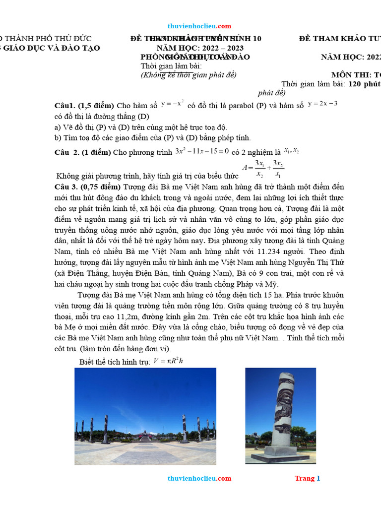 Bo de Tuyen Sinh 10 Mon Toan Q Thu Duc 2023 Tham Khao Co Loi Giai | PDF