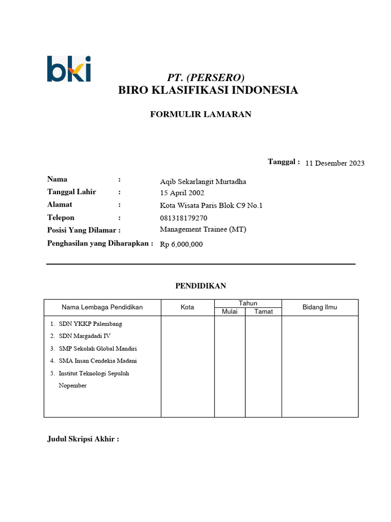Form Lamaran BKI | PDF