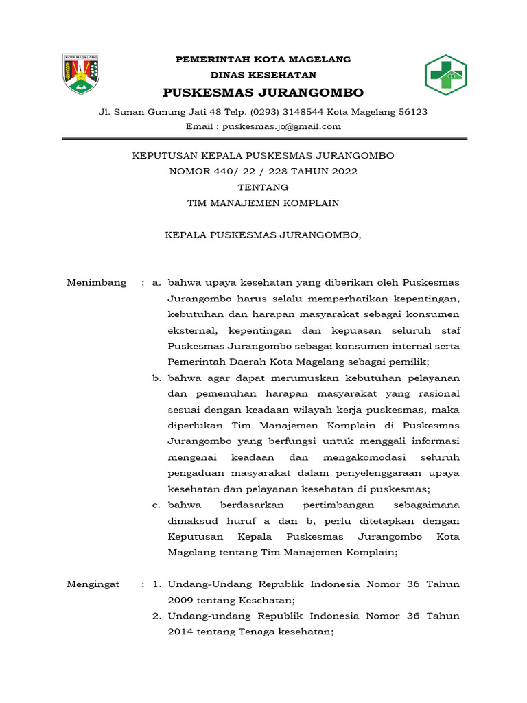 PP1.3 SK Tim Manajemen Komplain | PDF