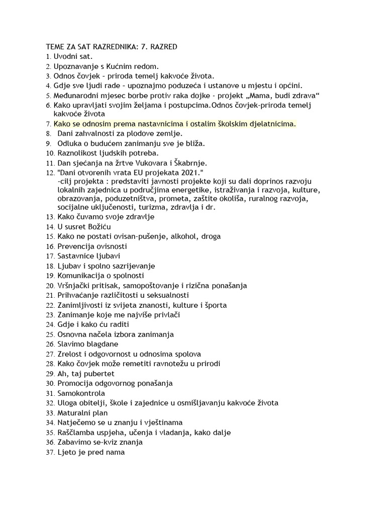 TEME ZA SAT RAZREDNIKA 7 - A | PDF