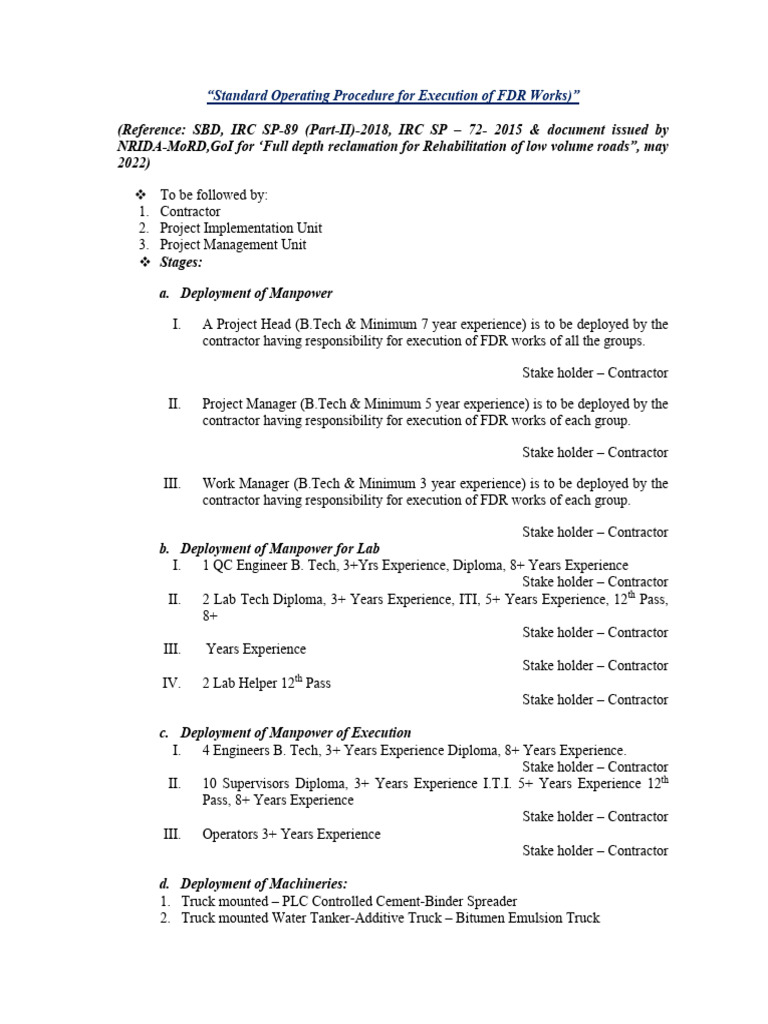 SOP of Execution of FDR Works | PDF