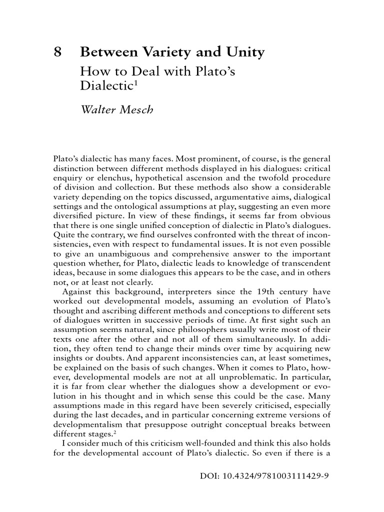 Mesch W. Between Variety and Unity Platonic Dialectic | PDF | Plato ...