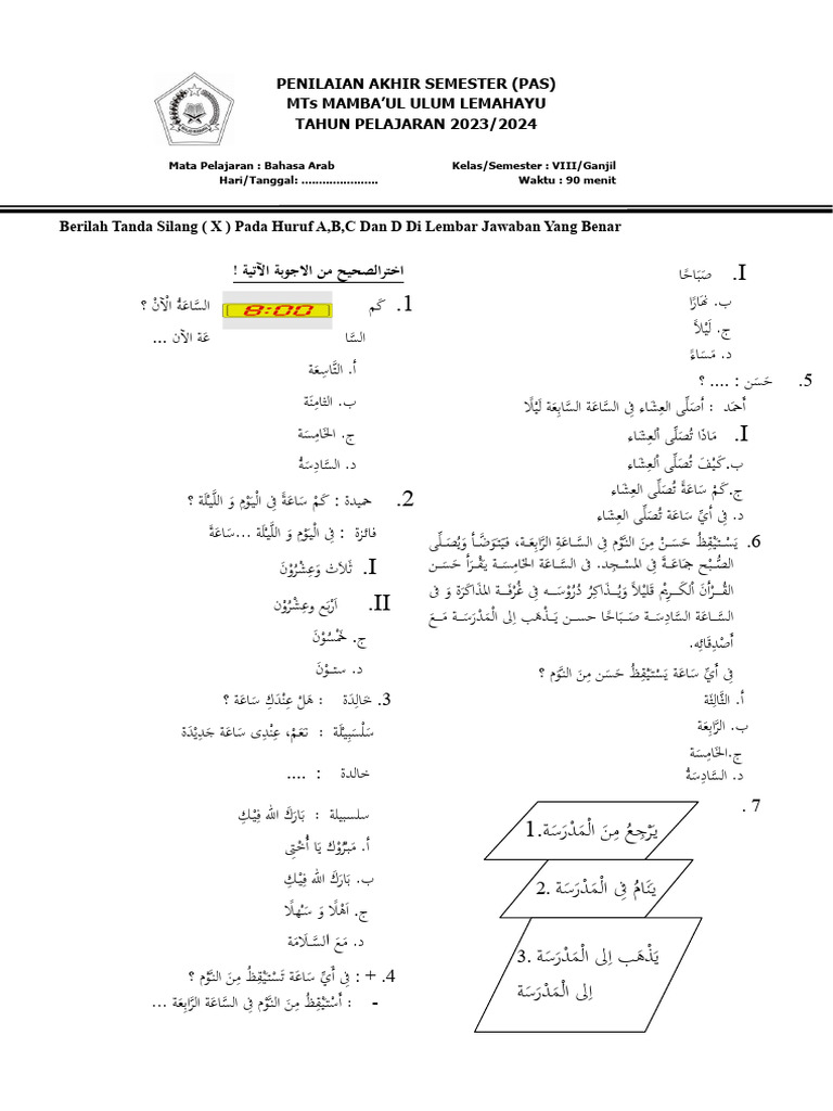 Soal Pas BHS - Arab Kelas 8 | PDF