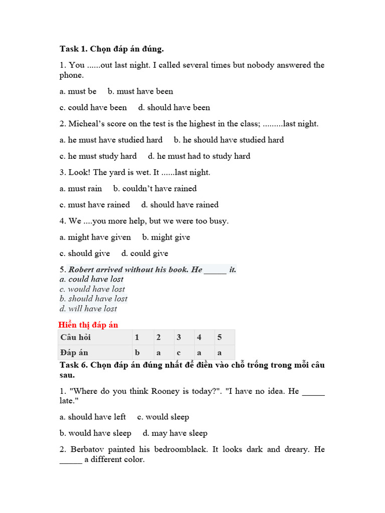 10 CÂU TN VÀ 10 CÂU TL VỀ MODAL VERB HAVE PP | PDF