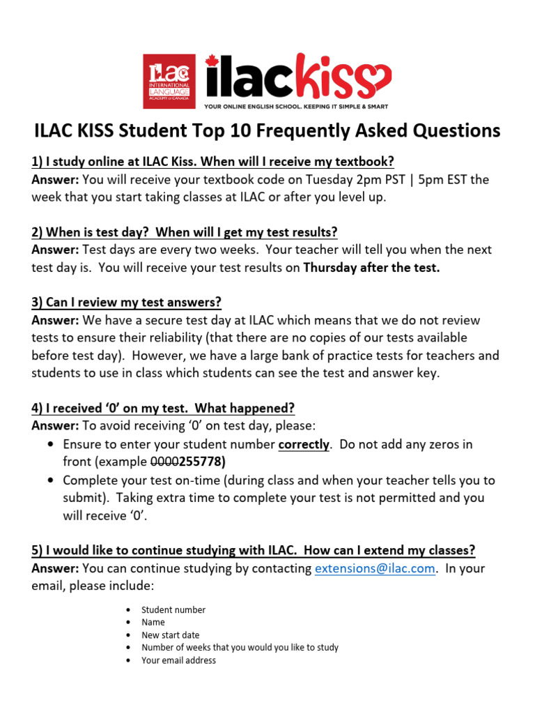 ILAC KISS Student Frequently Asked Questions - Updated February 2023 | PDF