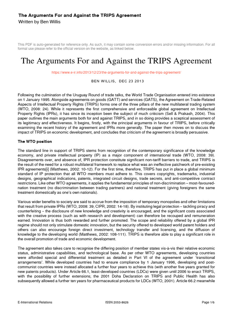 The Arguments For and Against The TRIPS Agreement | PDF | Trips ...