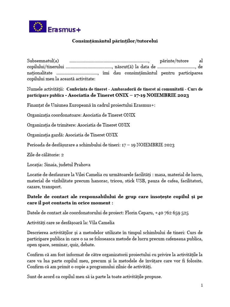 Model Acord Parental Erasmus Youth Project | PDF