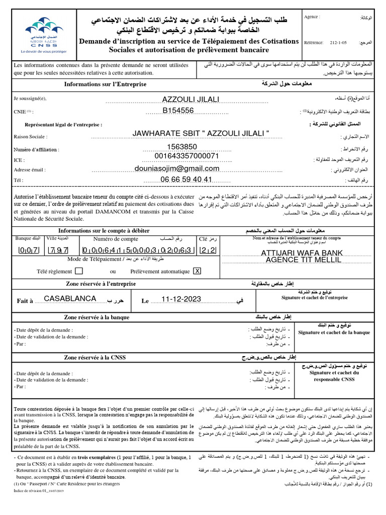 Demande D'inscription Au Service de Télépaiement Des Cotisations ...