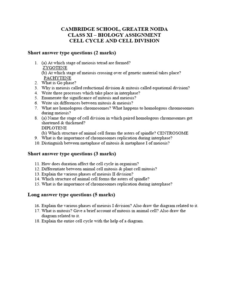 Cell Cycle and Cell Division Class 11 Assignment | PDF
