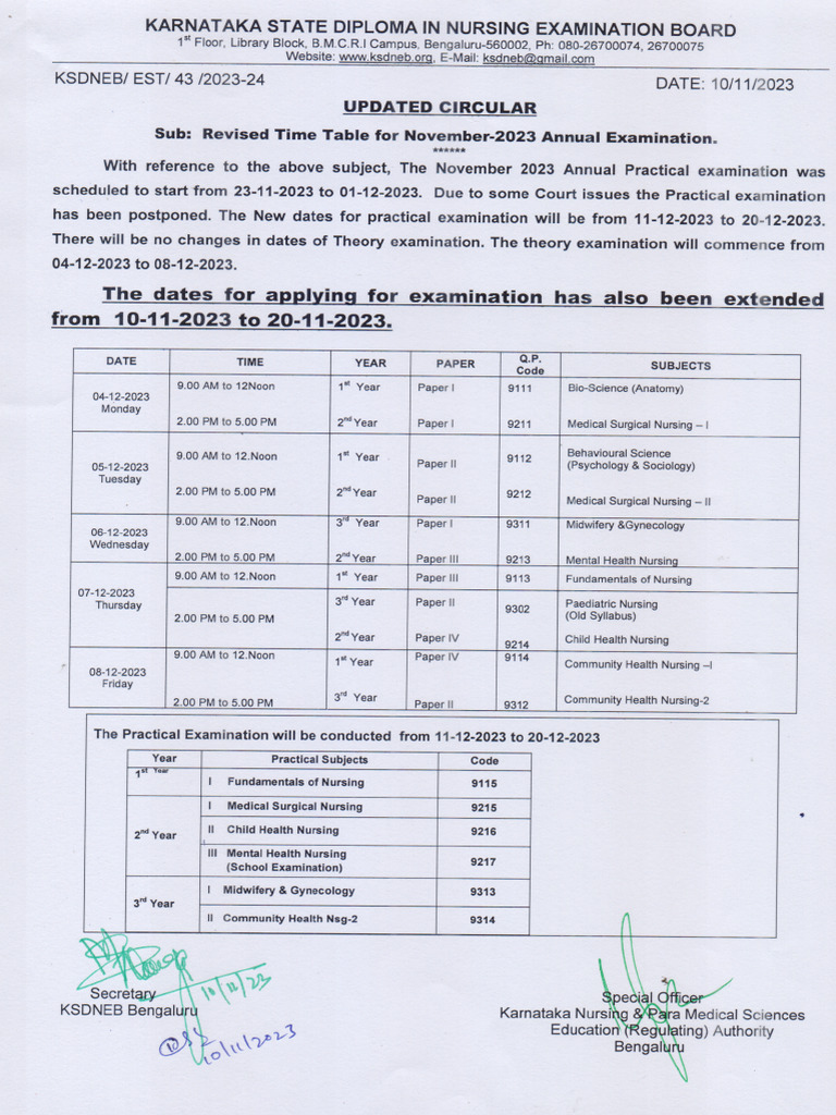 Revised Time Table November 2023 | PDF