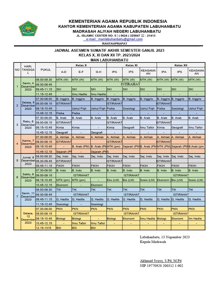 Jadwal Asesmen Sumatif Ganjil 2023 | PDF
