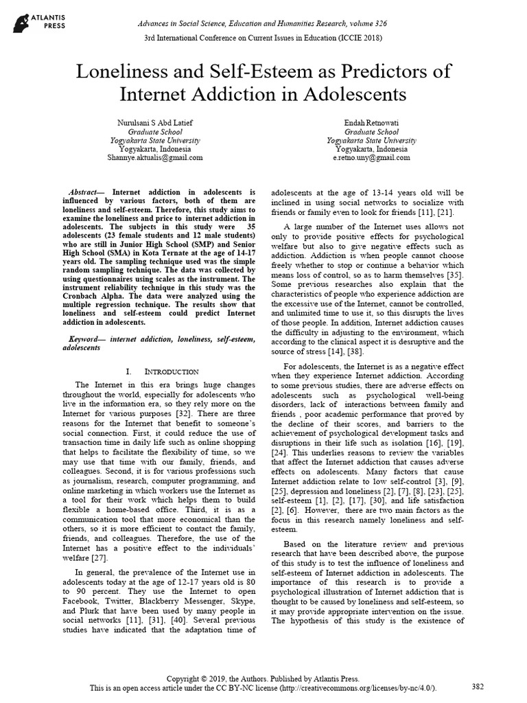 Loneliness and Self Esteem As Predictor of Internet Addiction in Adolescents | PDF | Self Esteem ...