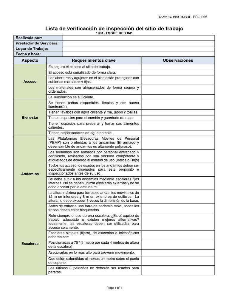 Anexo 14 Lista de Verificación de Inspección Del Área de Trabajo | PDF ...