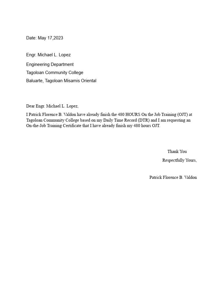 OJT Certificate Request by Valdon | PDF