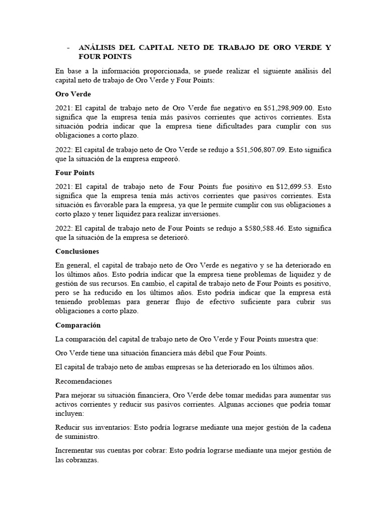 ANÁLISIS DEL CAPITAL NETO DE TRABAJO DE ORO VERDE Y FOUR POINTS | PDF | Capital de trabajo ...