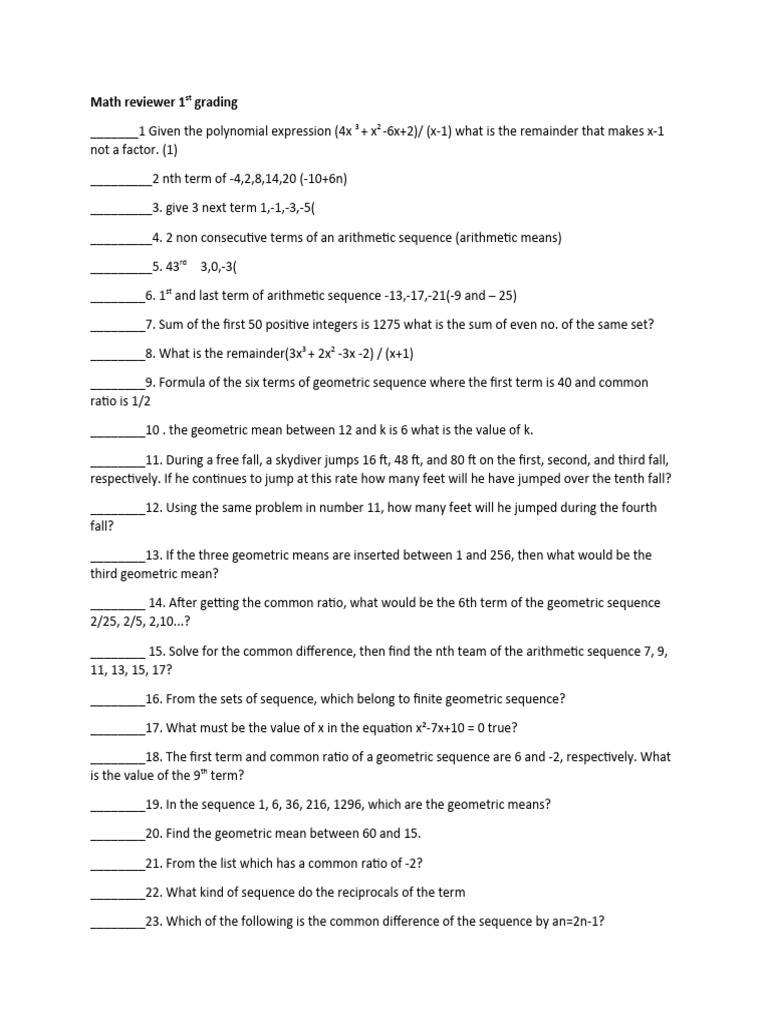 Math Reviewer 1st Grading | PDF | Factorization | Polynomial