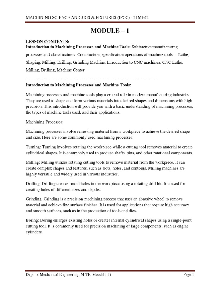 Module 1 - Machining Science and Jigs & Fixtures (21me42) | PDF | Machining | Grinding (Abrasive ...