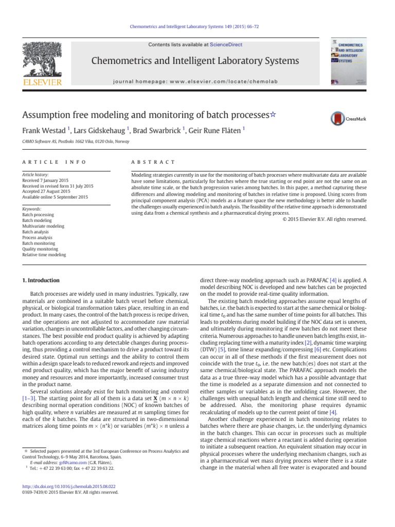 Westad_205_Assumption free modeling and monitoring of batch processes_PCA scores as feature ...
