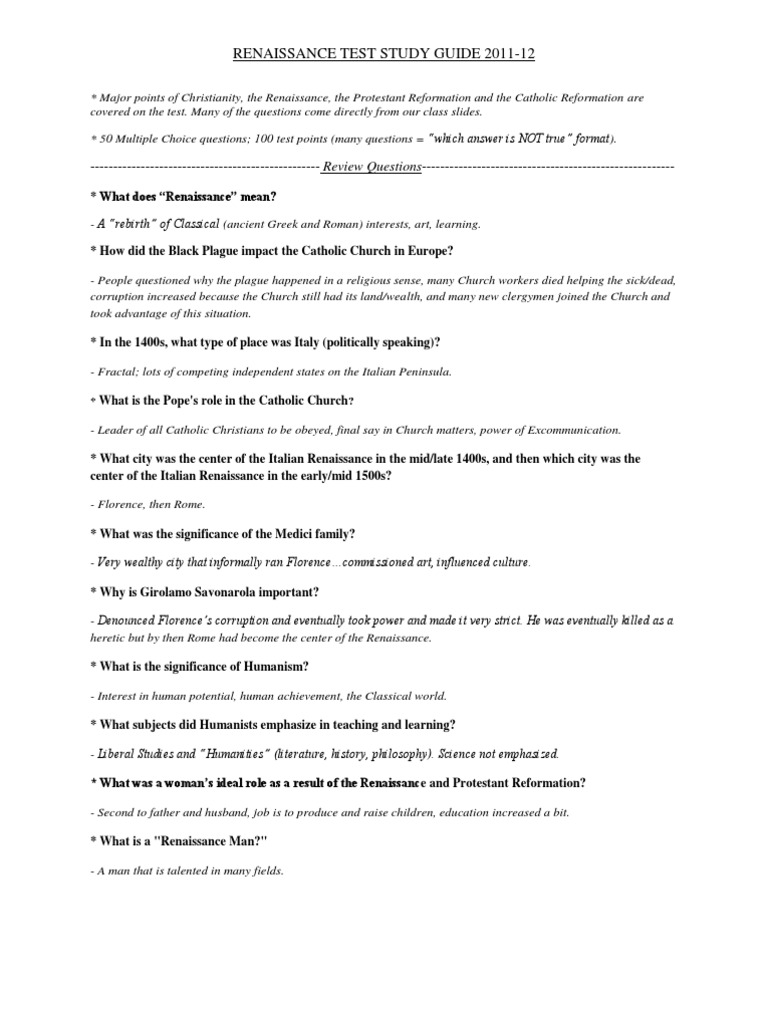 Renaissance Test Study Guide | Renaissance | Catholic Church