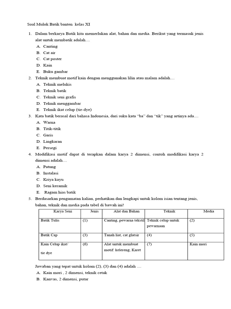 Soal Mulok Batik Banten Kelas XI | PDF