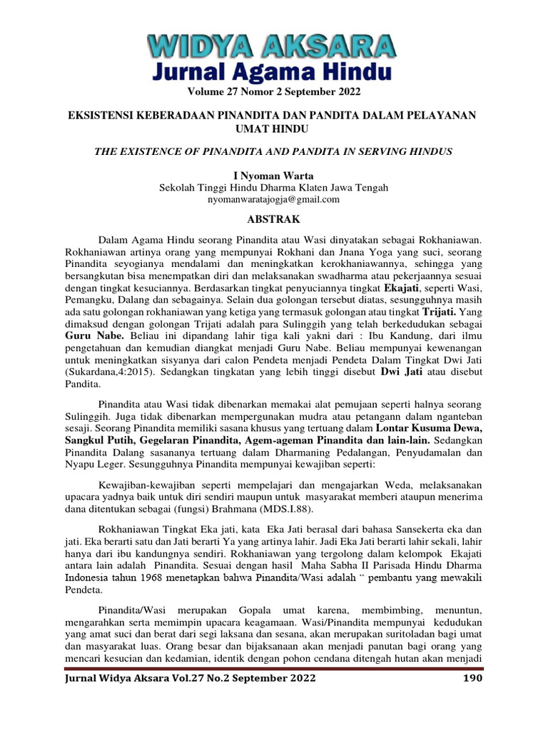 Eksistensi Keberadaan Pinandita Dan Pandita Dalam Pelayanan Umat Hindu ...