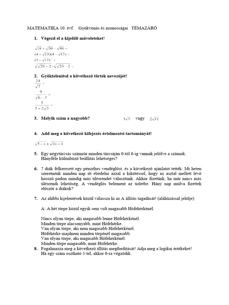 MATEMATIKA 10. Gyökvonás Témazáró 2015 | PDF