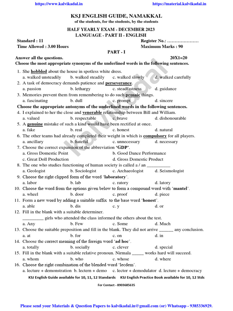 KSJ 11th Eng Half Yearly Exam Model QP | PDF | English Language | Linguistics