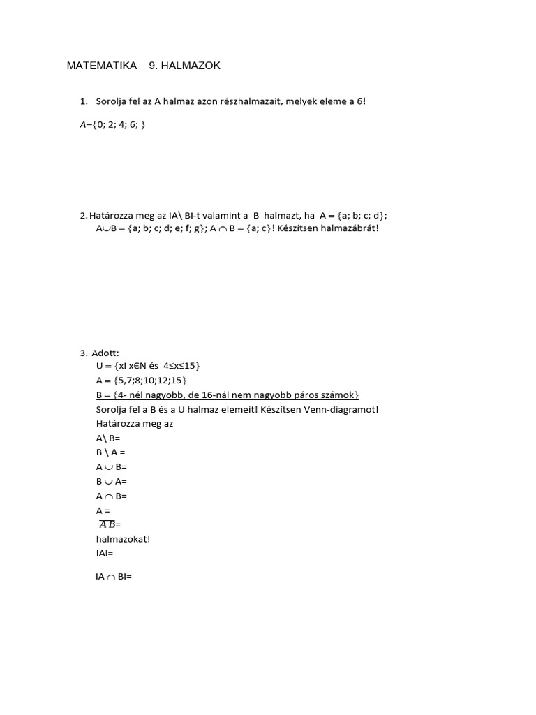 Halmazok dolgozat | PDF