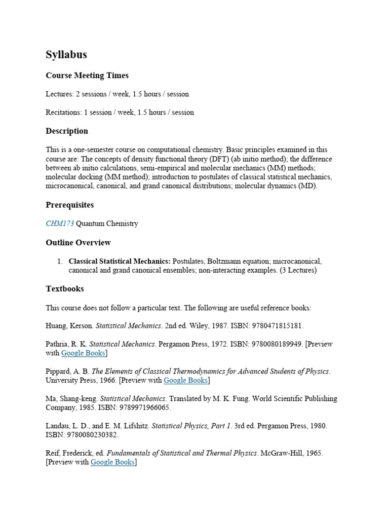 Syllabus Compu Chem | PDF | Statistical Mechanics | Computational Chemistry