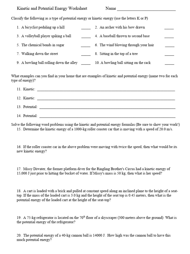 Kinetic and Potential Energy Worksheet | PDF | History