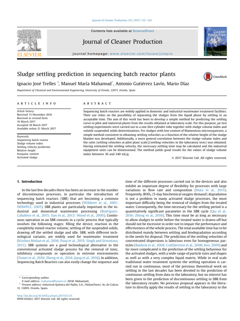 Trelles 2017, Sludge Settling Prediction in Sequencing Batch Reactor ...