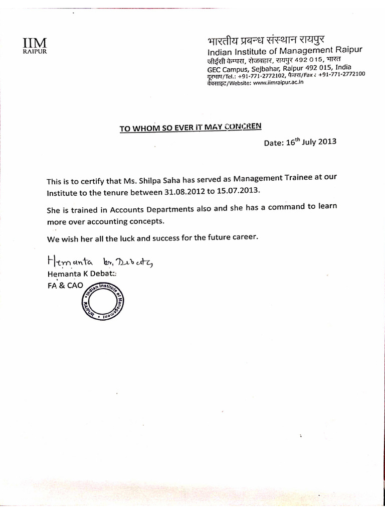 IIM Experience Letter | PDF