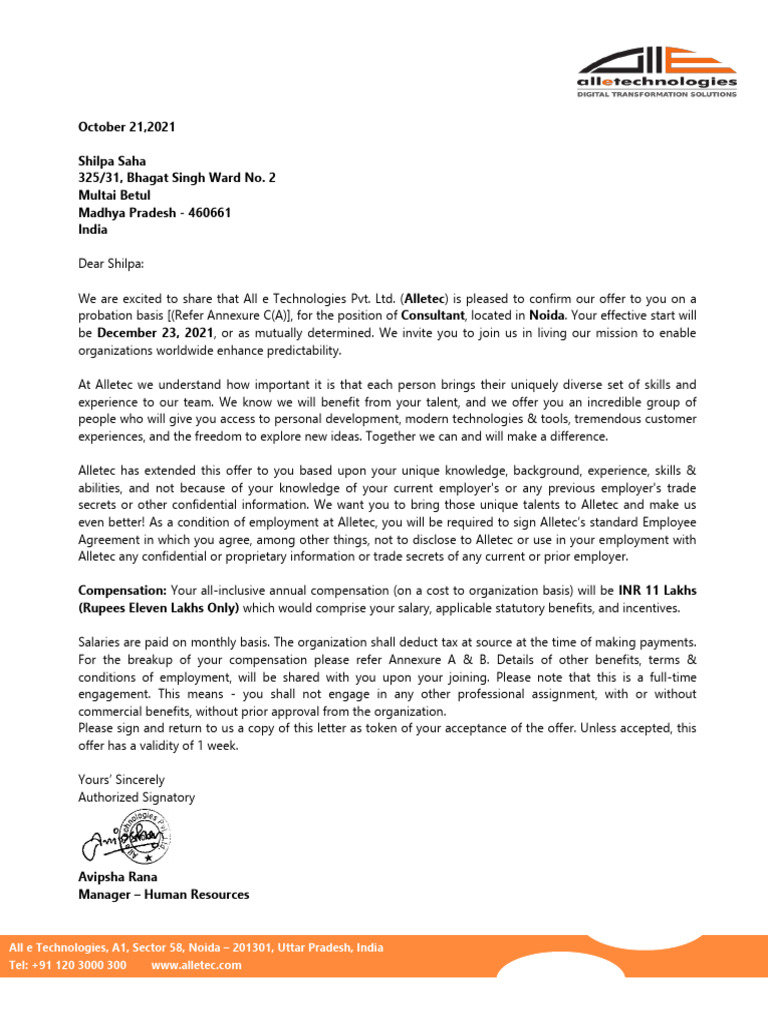 Alletec Offer Letter for Shilpa Saha | PDF | Life Insurance | Business