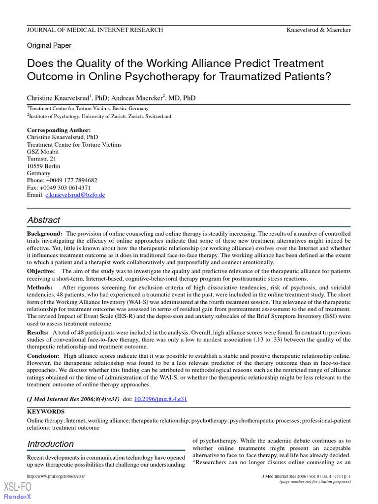 Does The Quality of The Working Alliance Predict Treatment | PDF ...