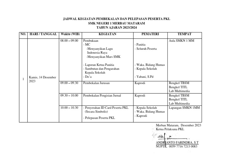 Jadwal Kegiatan Pembekalan Dan Pelepasan Peserta PKL | PDF
