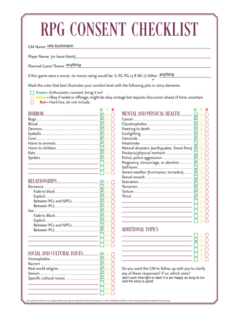 Consent in Gaming Form Fillable Checklist | PDF