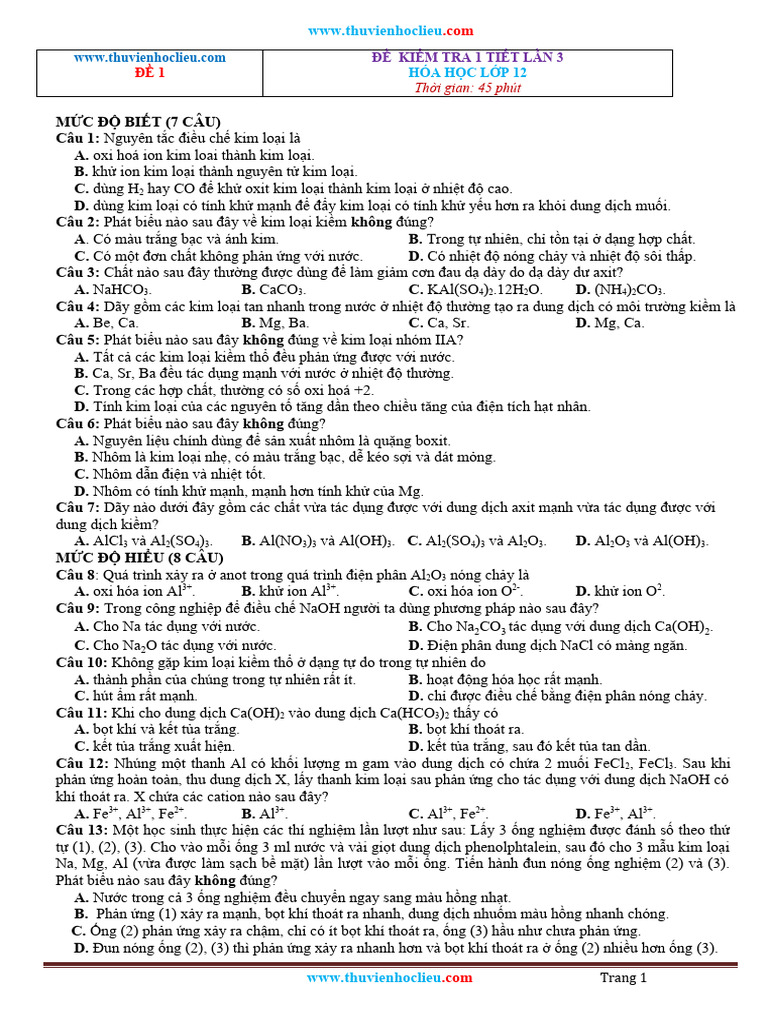 Bo de KT 1 Tiet Hoa 12 Lan 3 | PDF