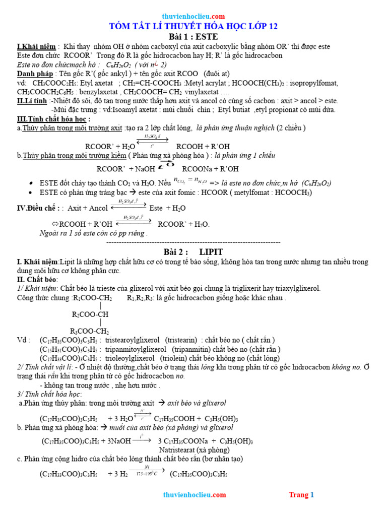 Tom Tat Ly Thuyet Hoa 12 | PDF