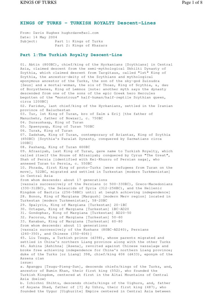 KINGS OF TURKS - TURKISH ROYALTY Descent-Lines | PDF | Central Asia ...