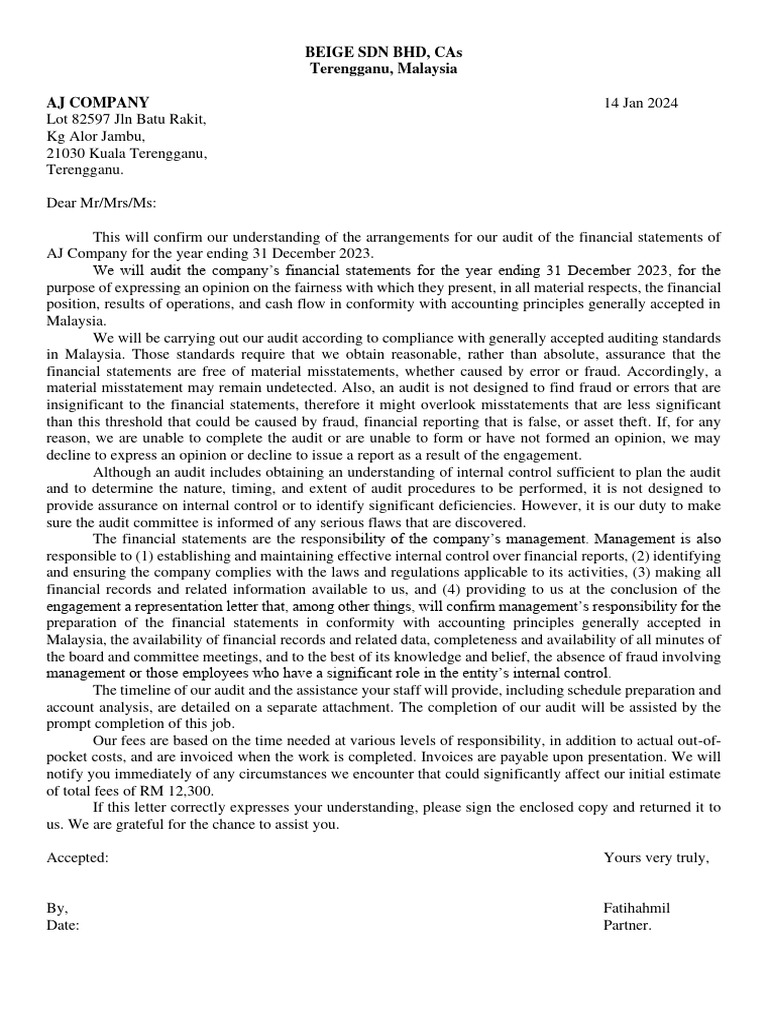 AUDIT ENGAGEMENT LETTER (edited) | PDF | Audit | Internal Control