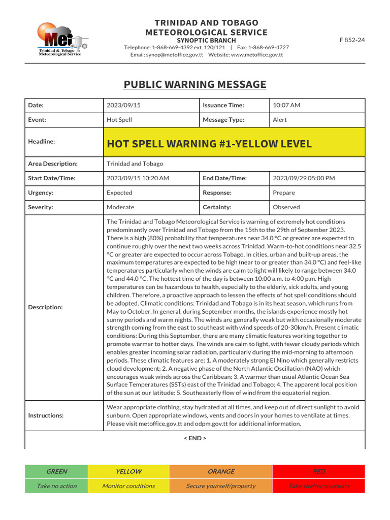 Public Warning Message - Hot Spell Warning #1-YELLOW LEVEL | PDF ...