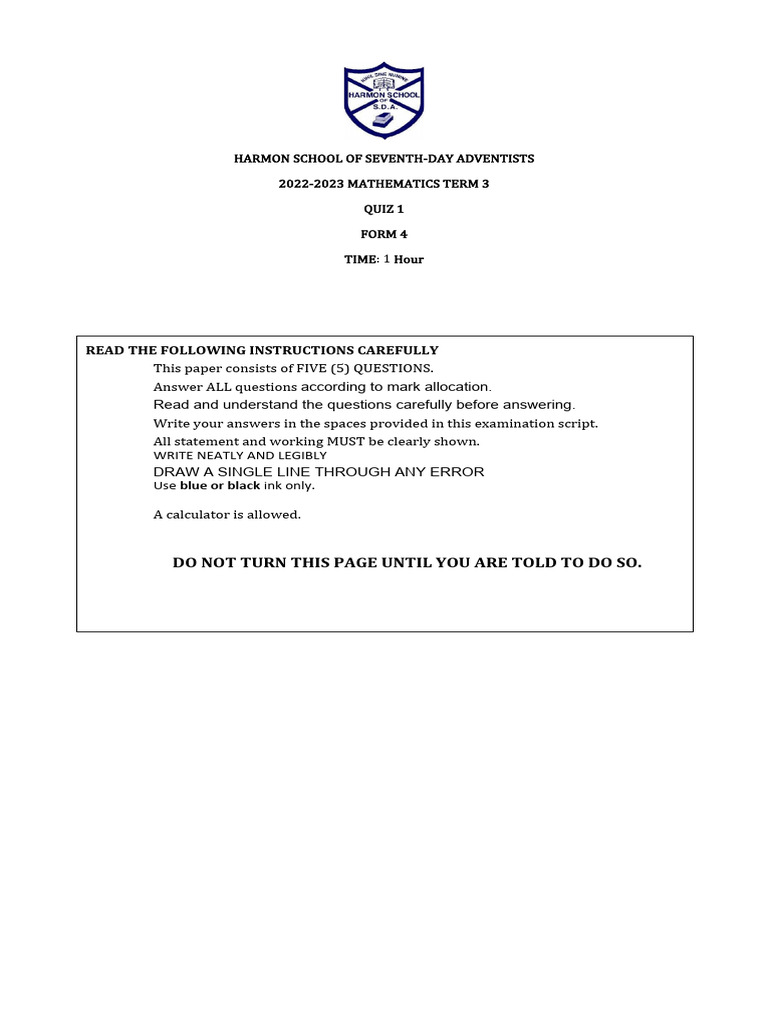 Harmon School Form 4 Math Quiz 2022-23 | PDF