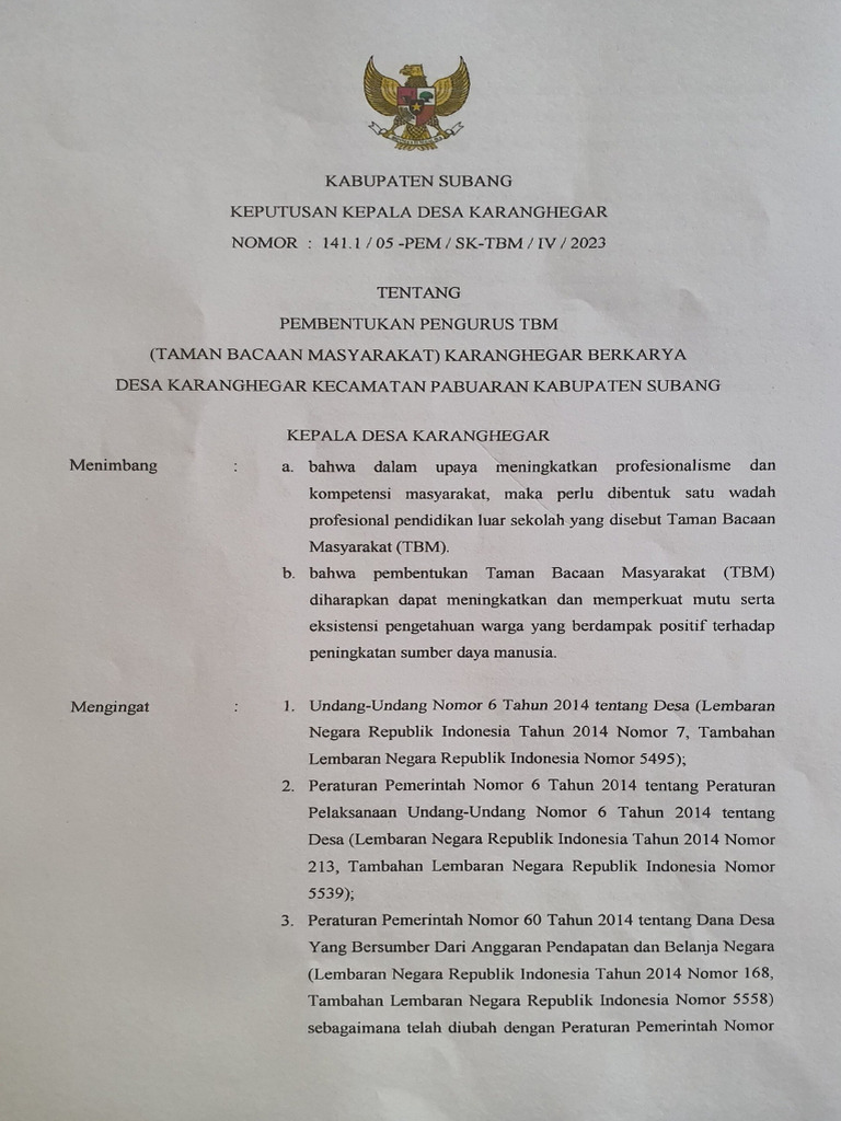 SK TBM Desa Karanghegar | PDF