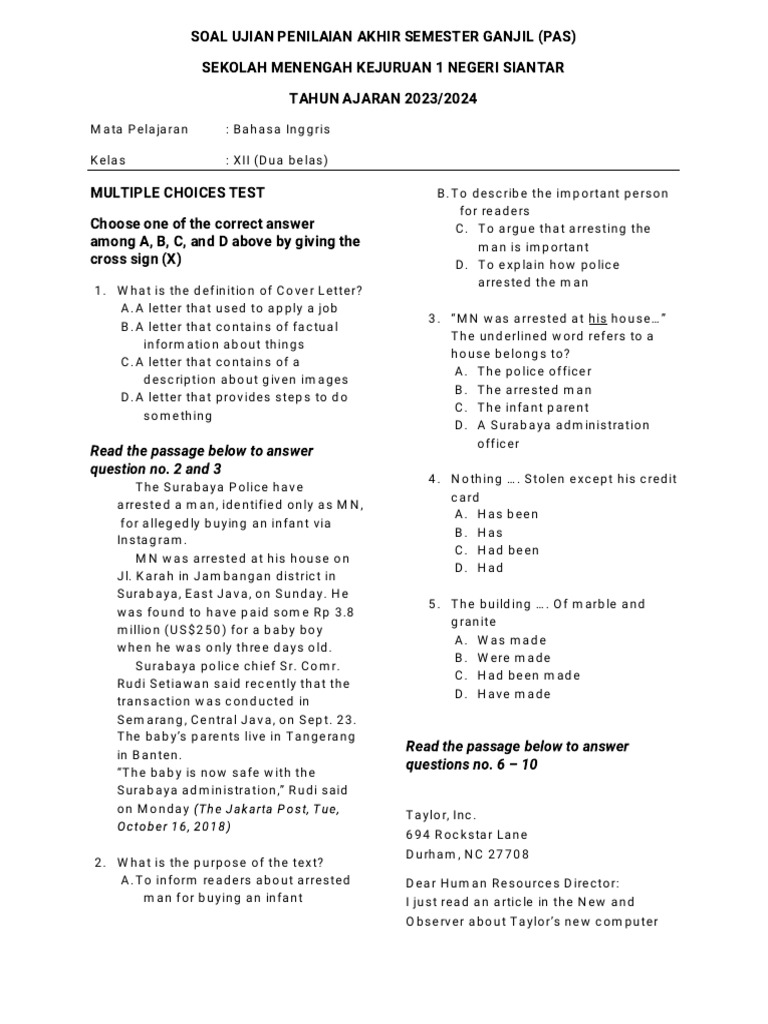 Soal Ujian Penilaian Akhir Semester Ganjil (Pas) Sekolah Menengah Kejuruan 1 Negeri Siantar ...