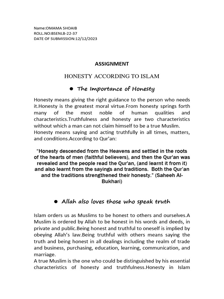 Honesty According To Islam | PDF | Muhammad | Quran