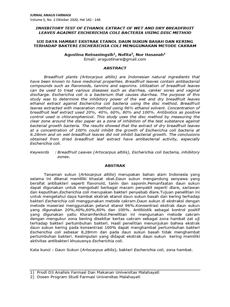Uji Daya Hambat Ekstrak Etanol Daun Sukun Basah Da | PDF | Bacteria | Microbiology